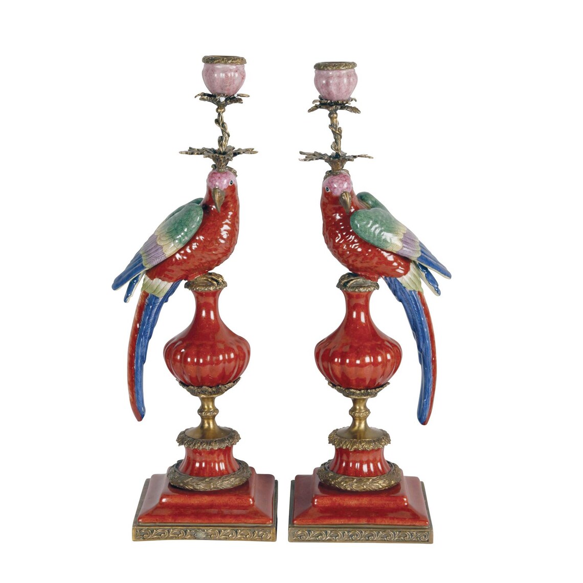 Coral Bird Candle Holder Pair: Antique Porcelain Brass Candlesticks ...