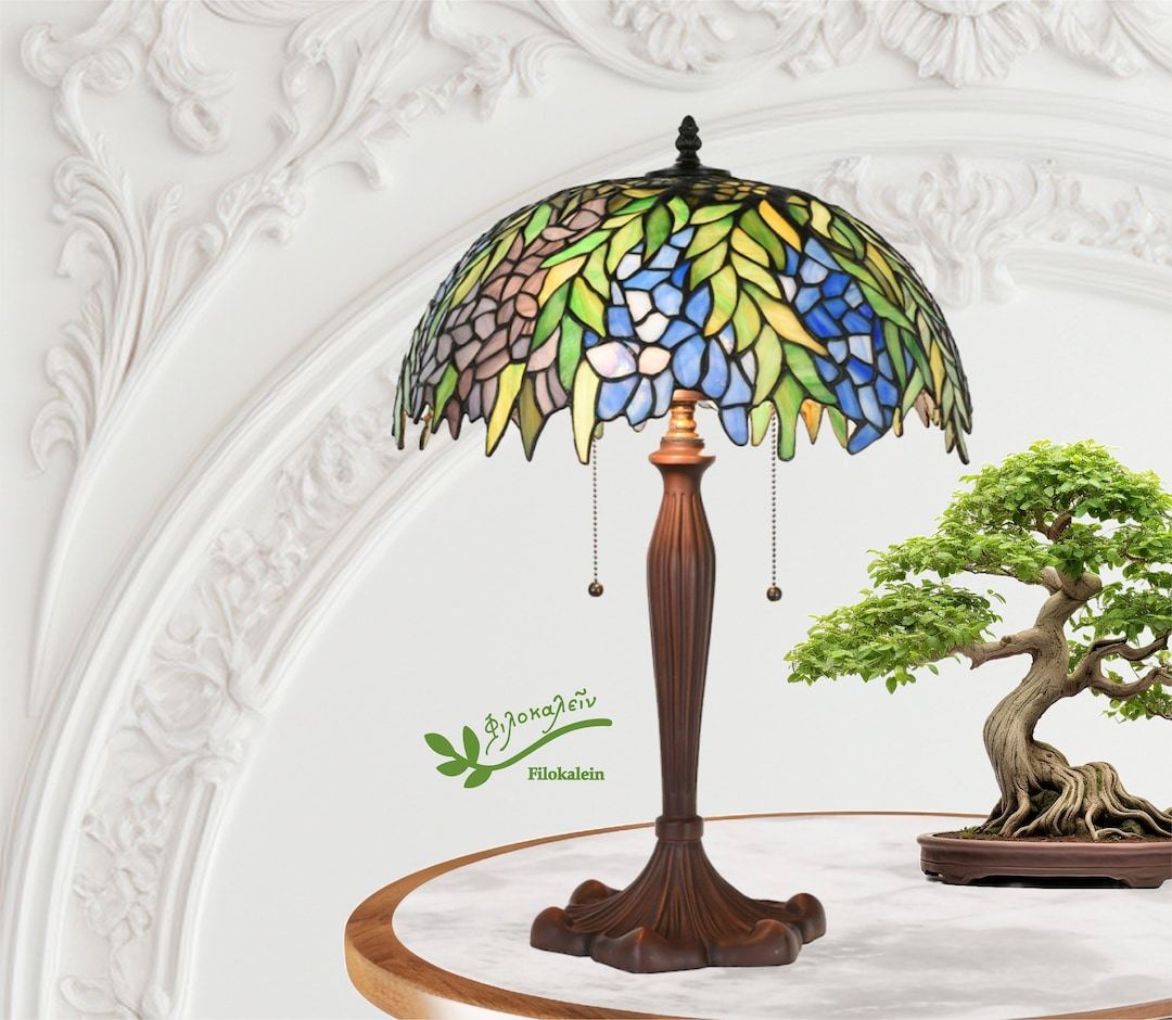 Floral Tiffany Table Lamp With Blue and Purple Flowers Blooming Among ...