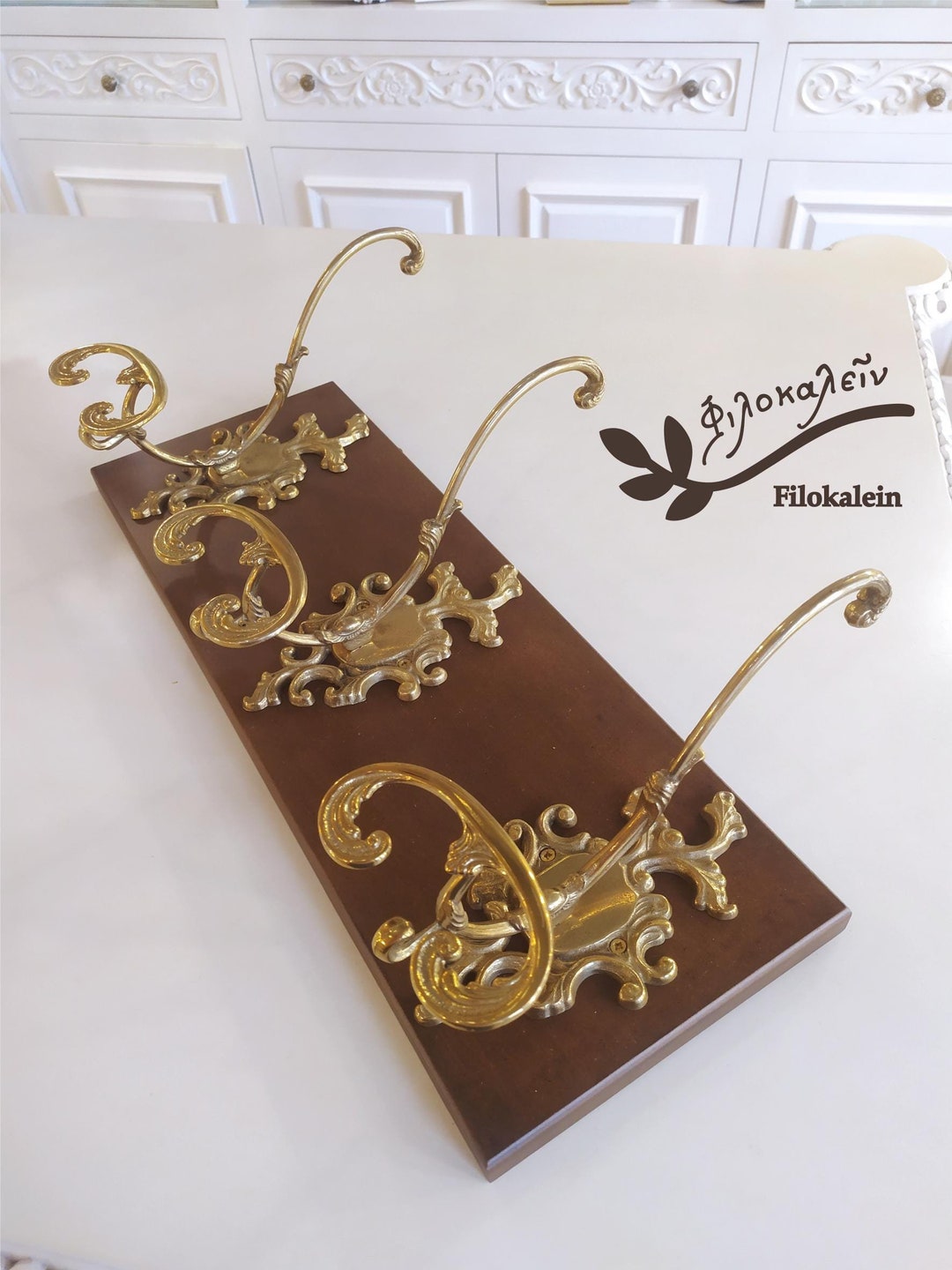 Baroque Brass Coat Rack With 3 Hooks, Vintage Wooden Wall Organizer ...