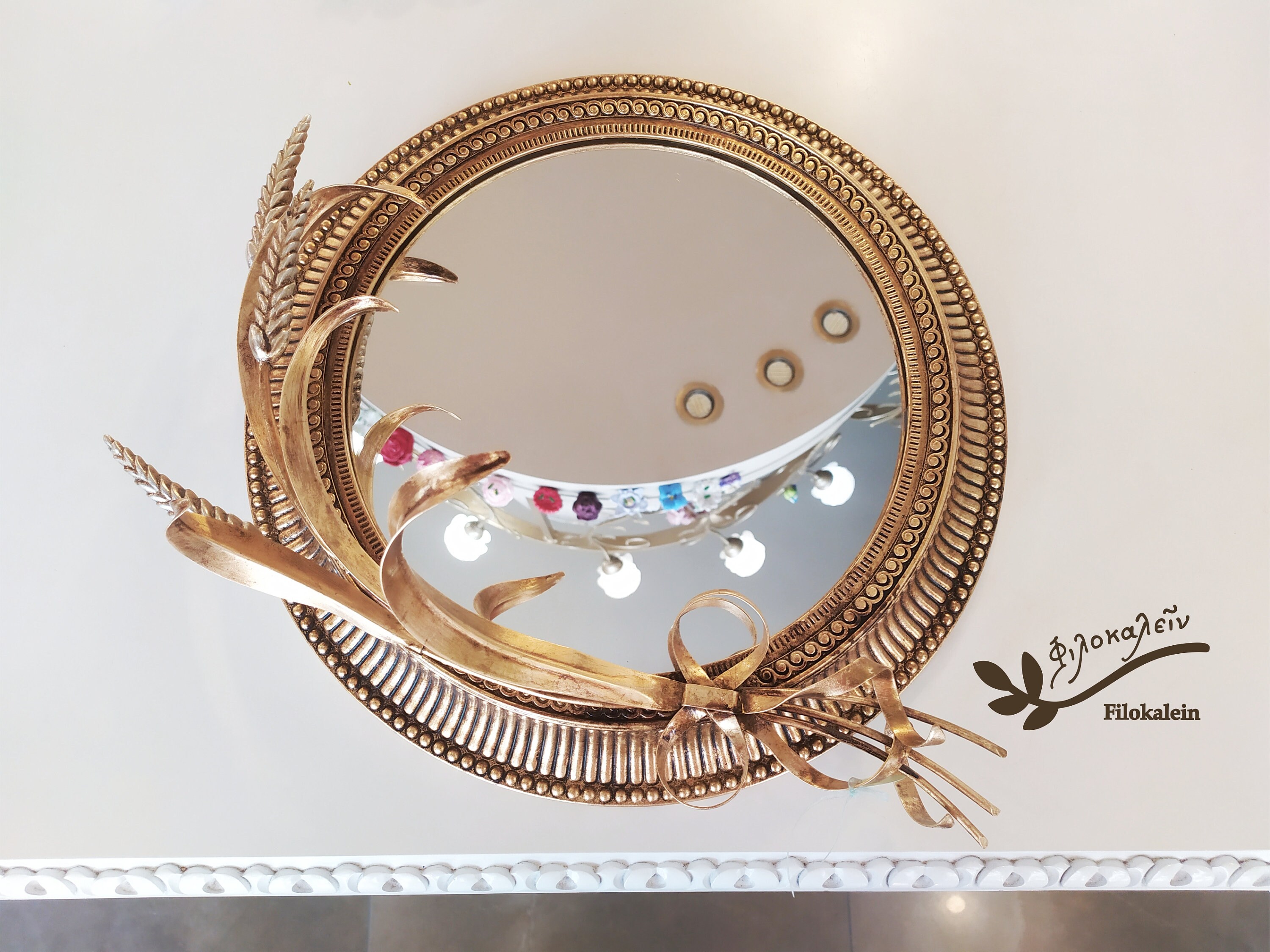 Gold Metal Wall Mirror With 3D Corn Leaves, Art Deco Shiny Gold Round ...