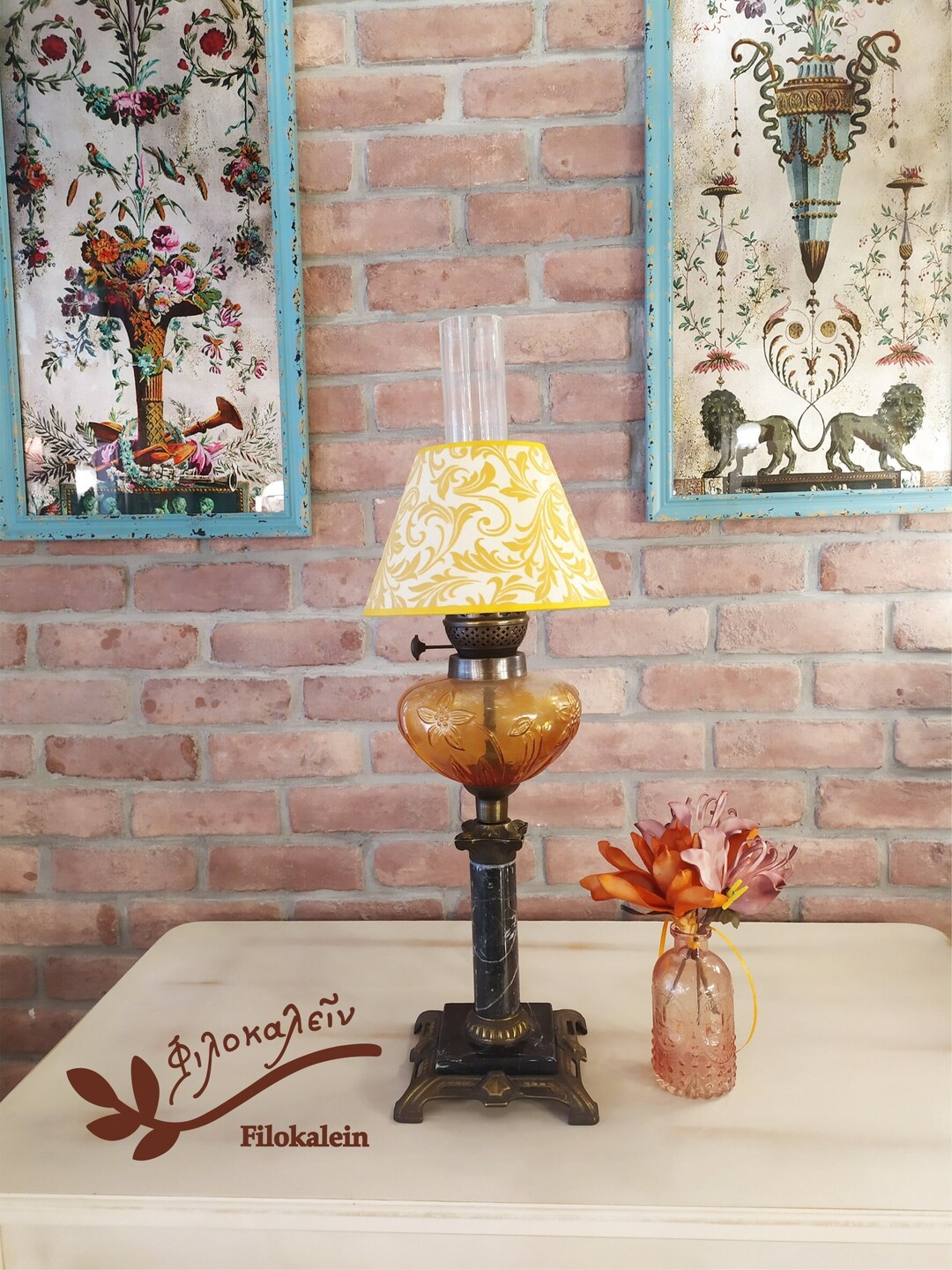 Antique Art Nouveau Oil Lamp: Orange Glass, Brass & Marble, Converted ...