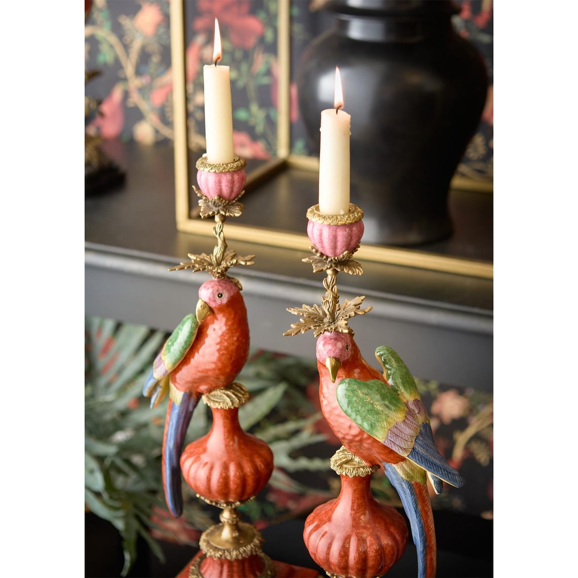 Coral Bird Candle Holder Pair: Antique Porcelain Brass Candlesticks ...