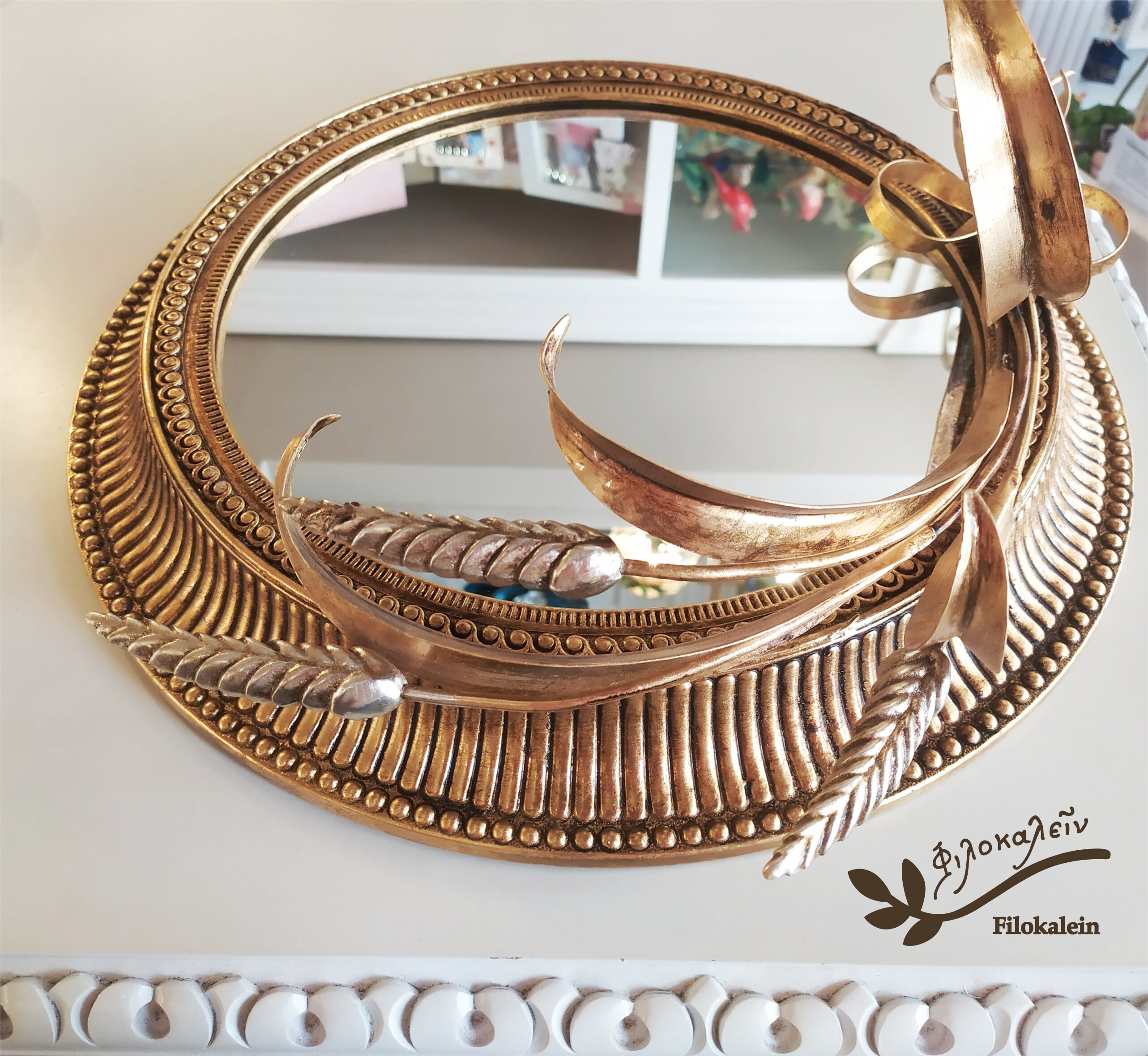 Gold Metal Wall Mirror With 3D Corn Leaves, Art Deco Shiny Gold Round ...