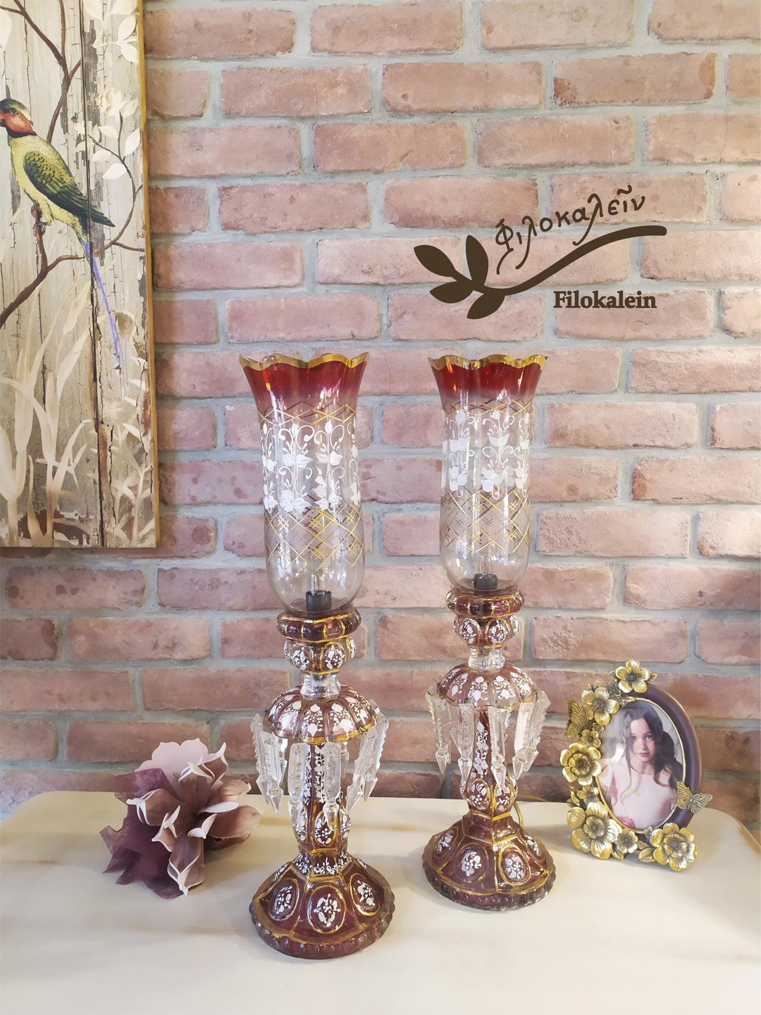 Antique Red Persian Lamp Pair: Traditional Luster Lamp, Gold Gilt ...