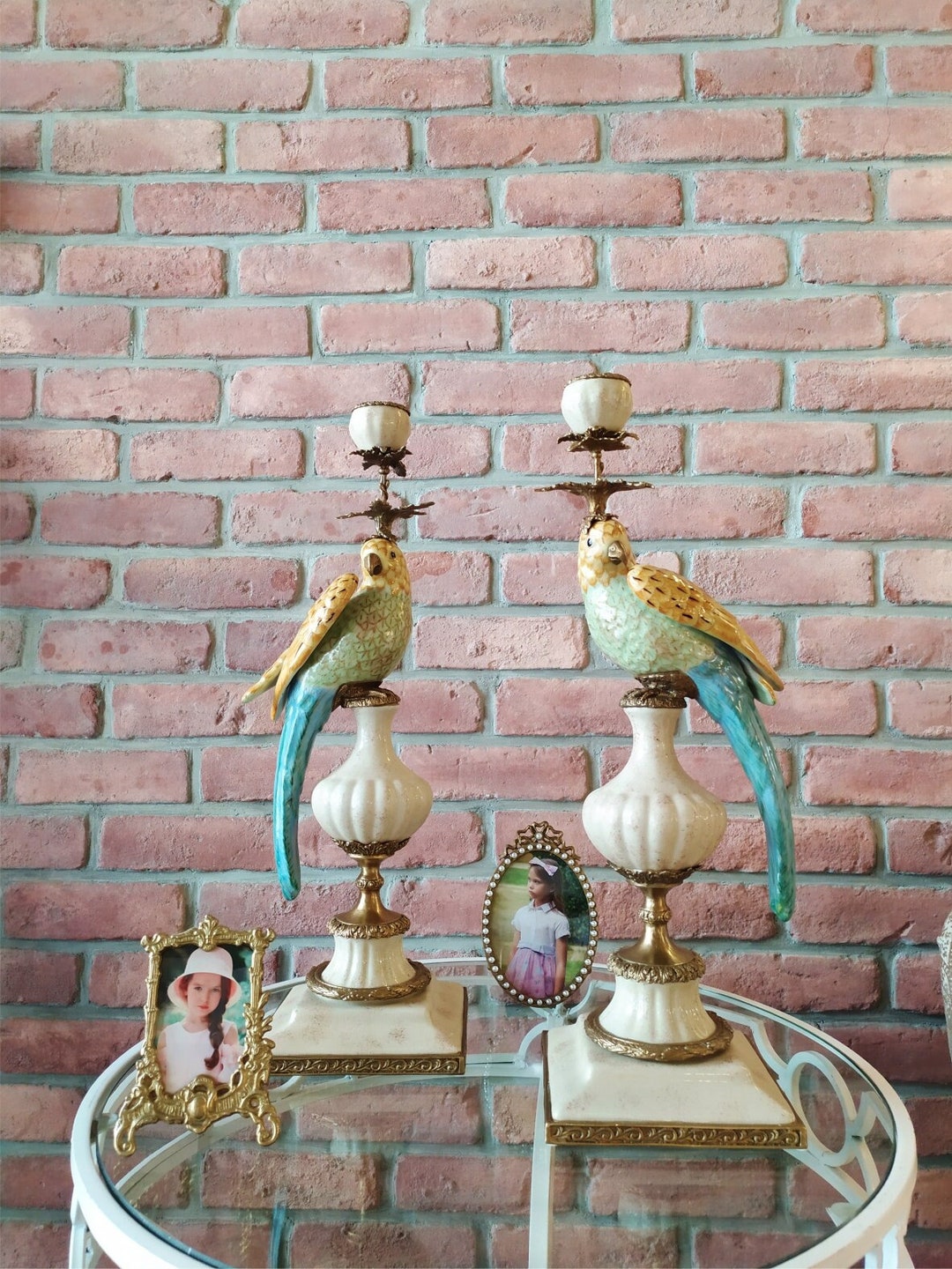 Antique Colorful Bird Candleholder Pair, Porcelain Brass Candlestick ...