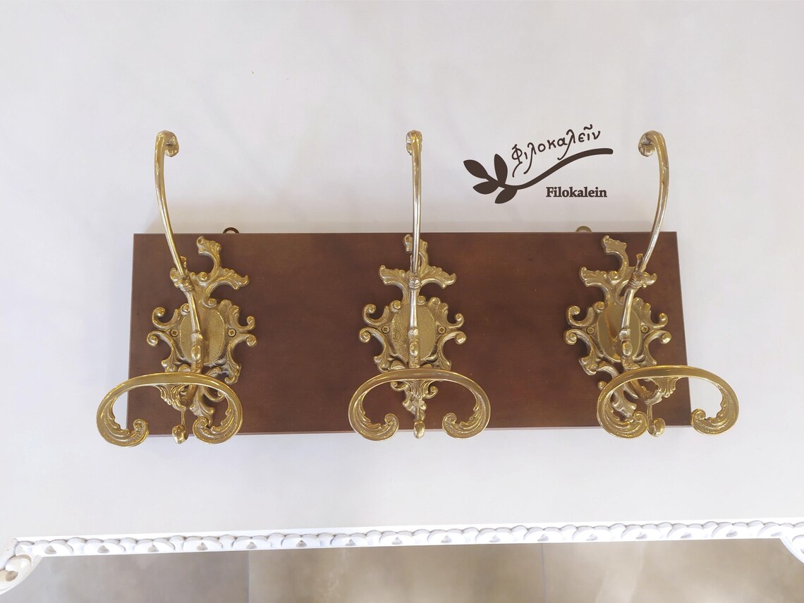 Baroque Brass Coat Rack With 3 Hooks, Vintage Wooden Wall Organizer ...