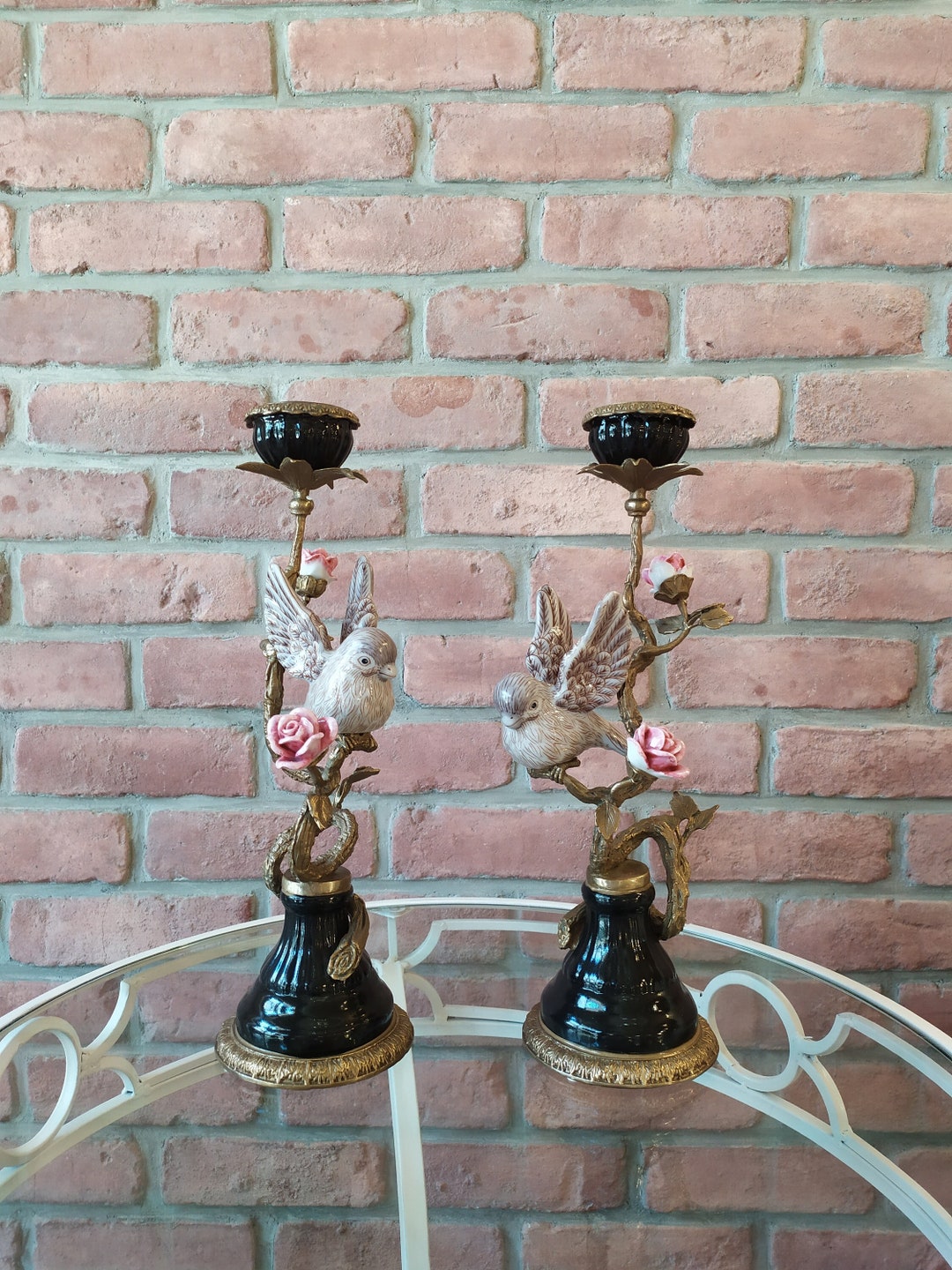 Antique Bird Candleholder Pair, Porcelain and Carved Brass Candlestick, Vintage Dining Table ...