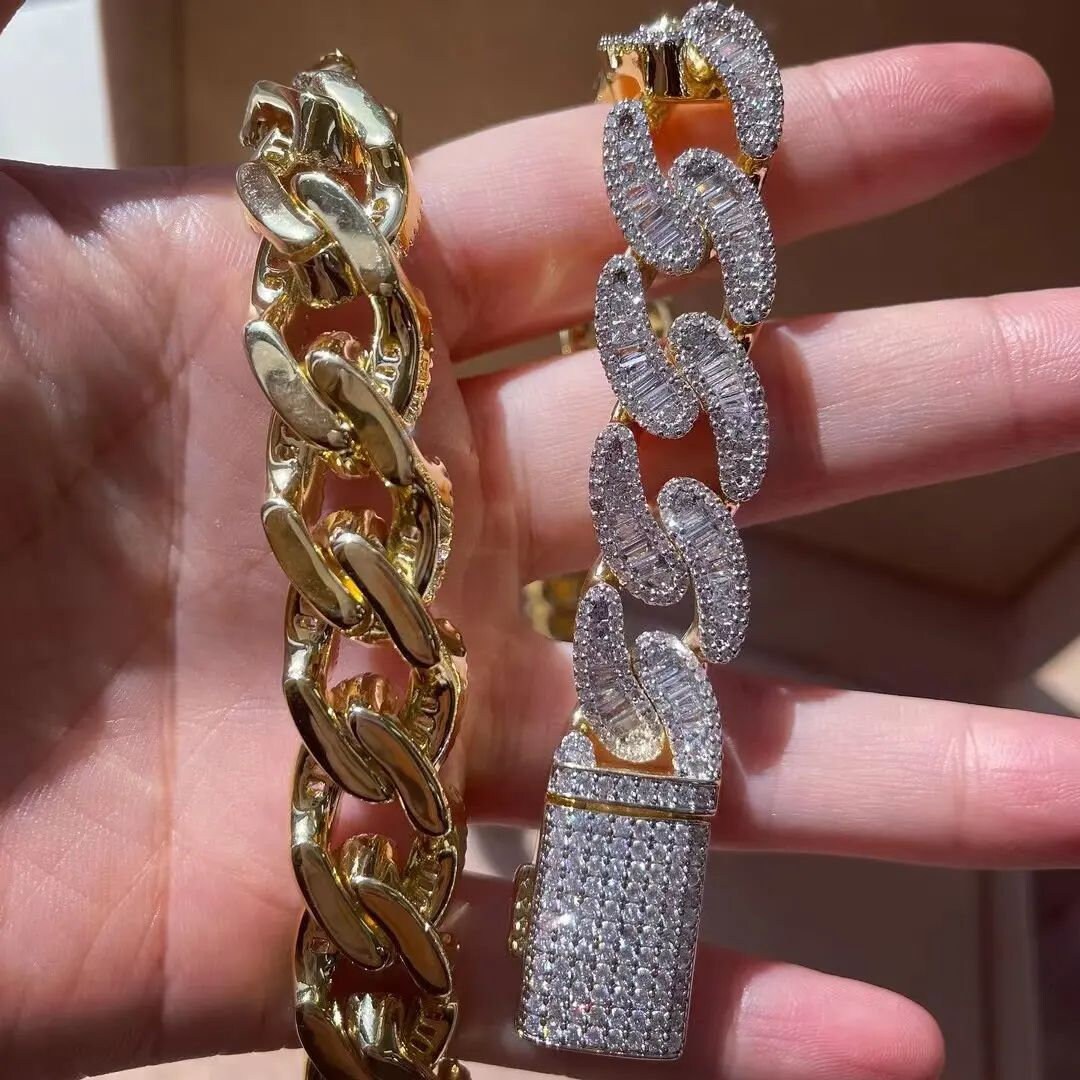 Sparkling White Solitaires Yellow Gold Plated Cuban Link Chain Featured ...