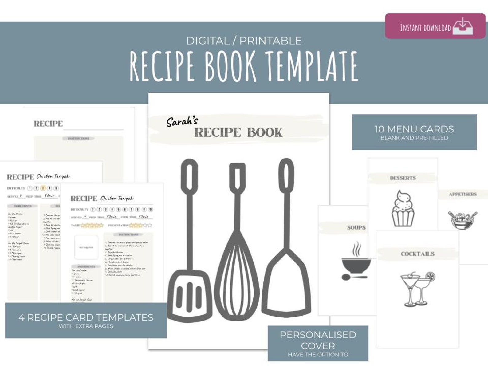 Minimalist Digital Recipe Book Template. Digital, Printable. Compatible ...