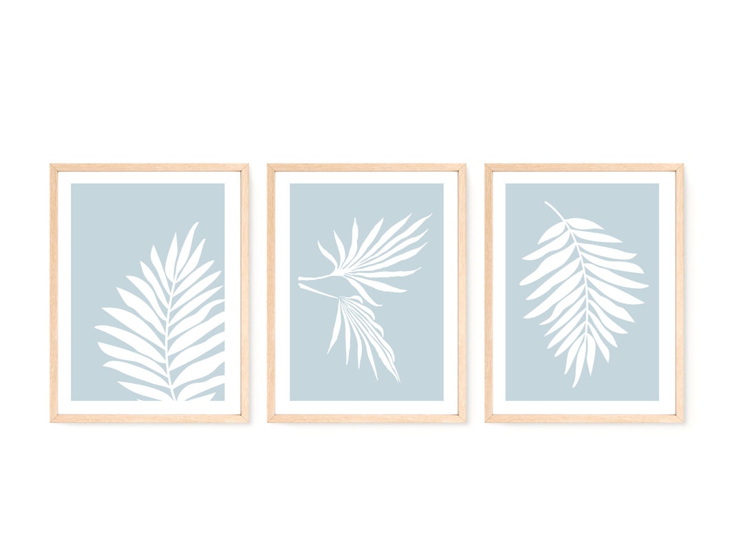 Set of 3 Leaf Prints, Botanical Print, Blue Leaf, Coastal Print, Summer ...