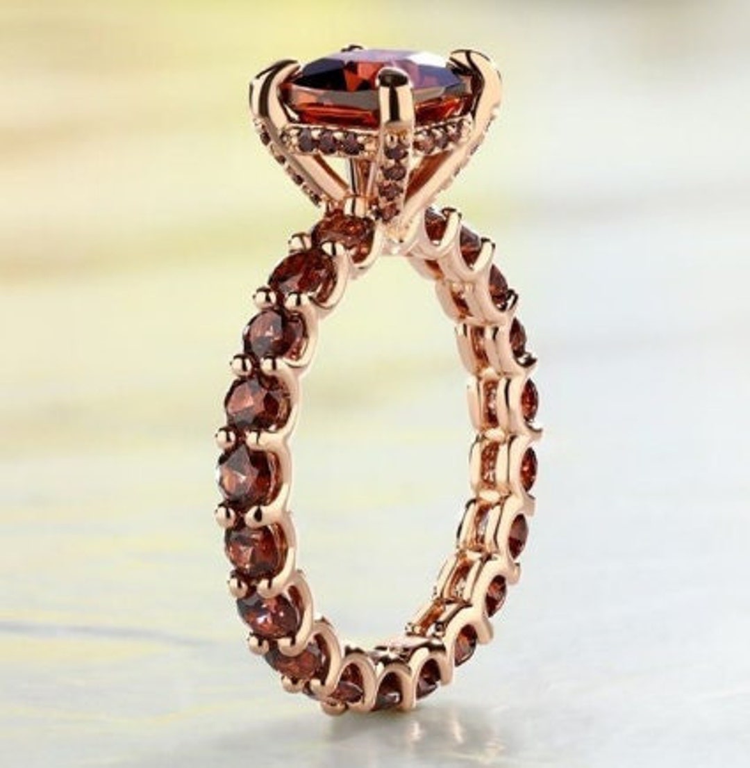 3.01CT Cushion Brown Diamond Ring, Eternity Band Wedding Ring 14K Rose ...