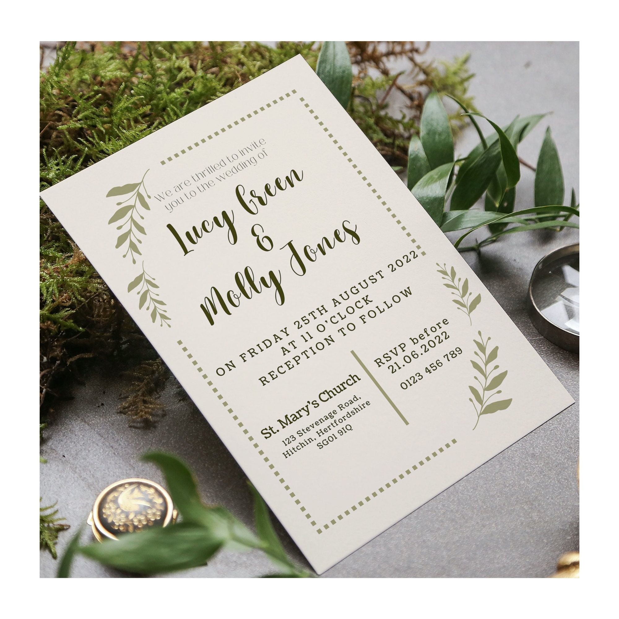 Sage Green Leaf Border Wedding Invite Template, Wedding Invitation ...