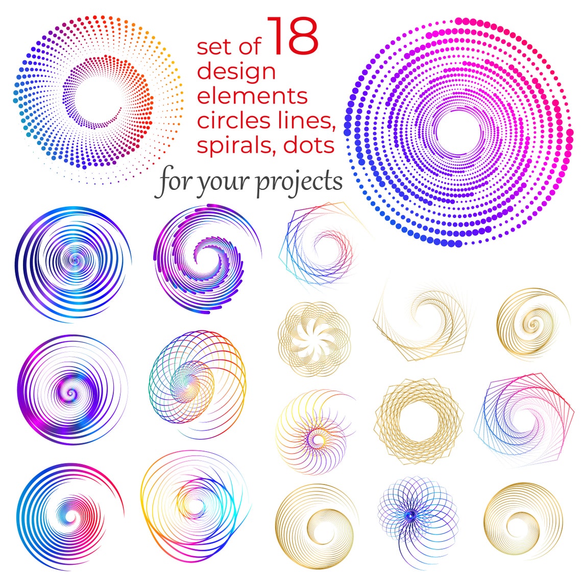 Spirals, Shells Lines, Galaxy of Dots. Colorful Design Element Eps. Svg ...