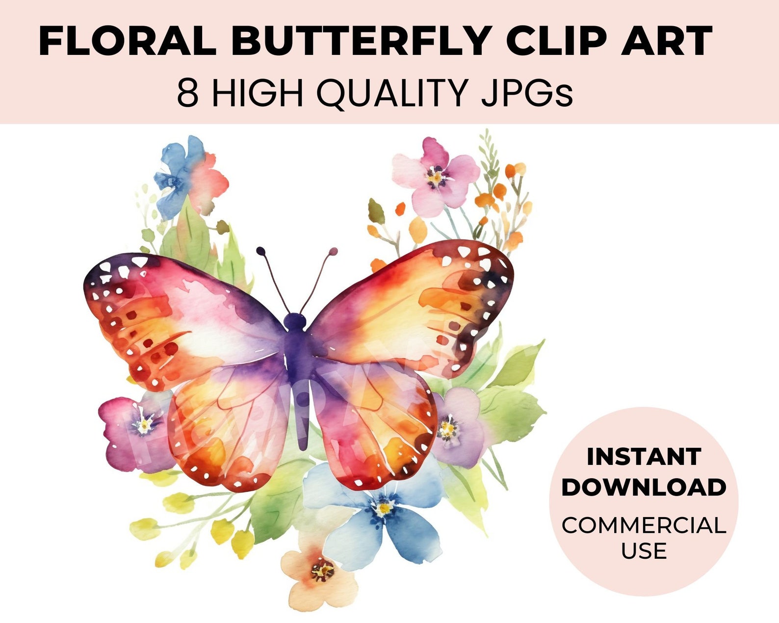 Floral Butterfly Clipart Set 8 Colorful Butterflies and Flower ...