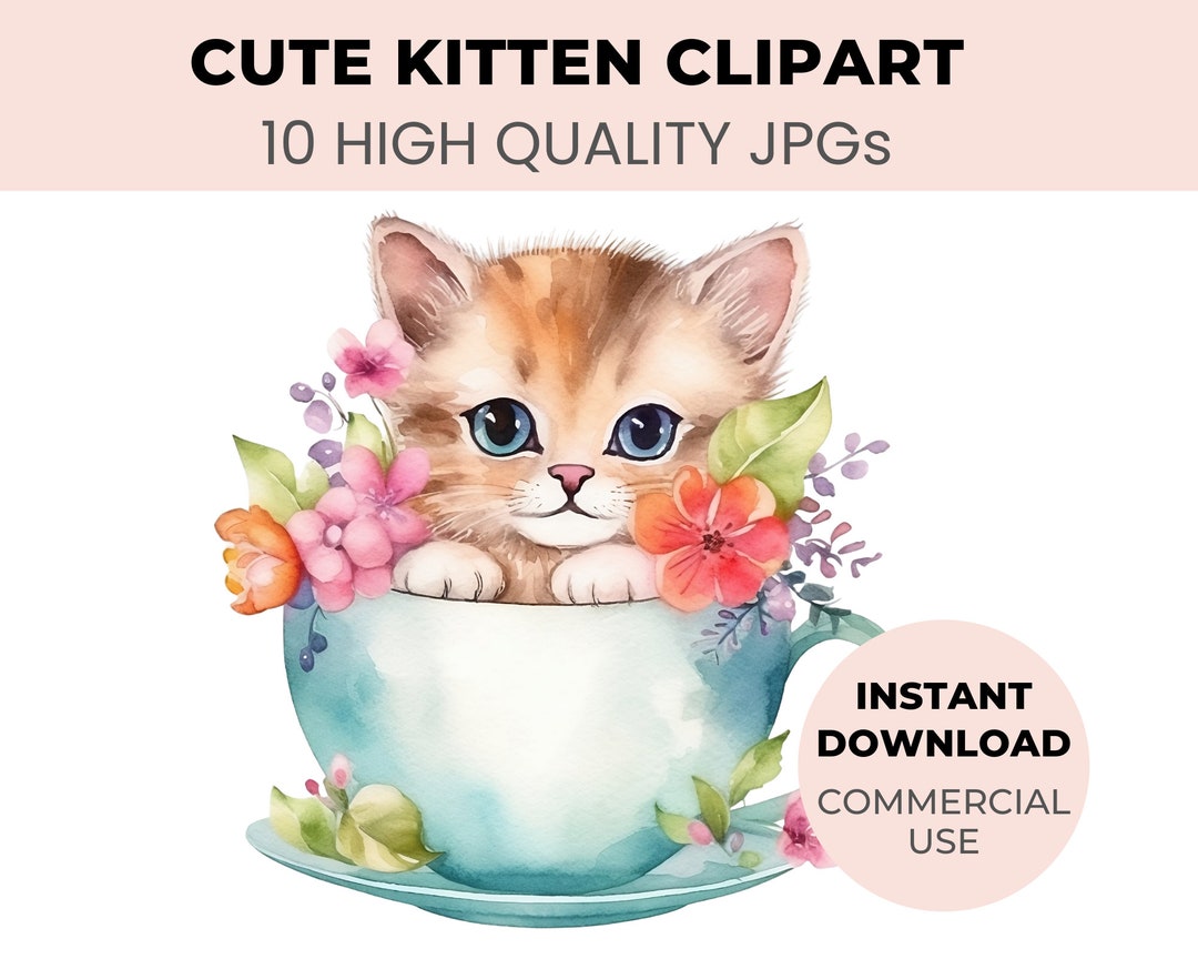 10 Cute Kitten Clipart, Bundle of 10 High Quality Jpgs, Watercolor ...