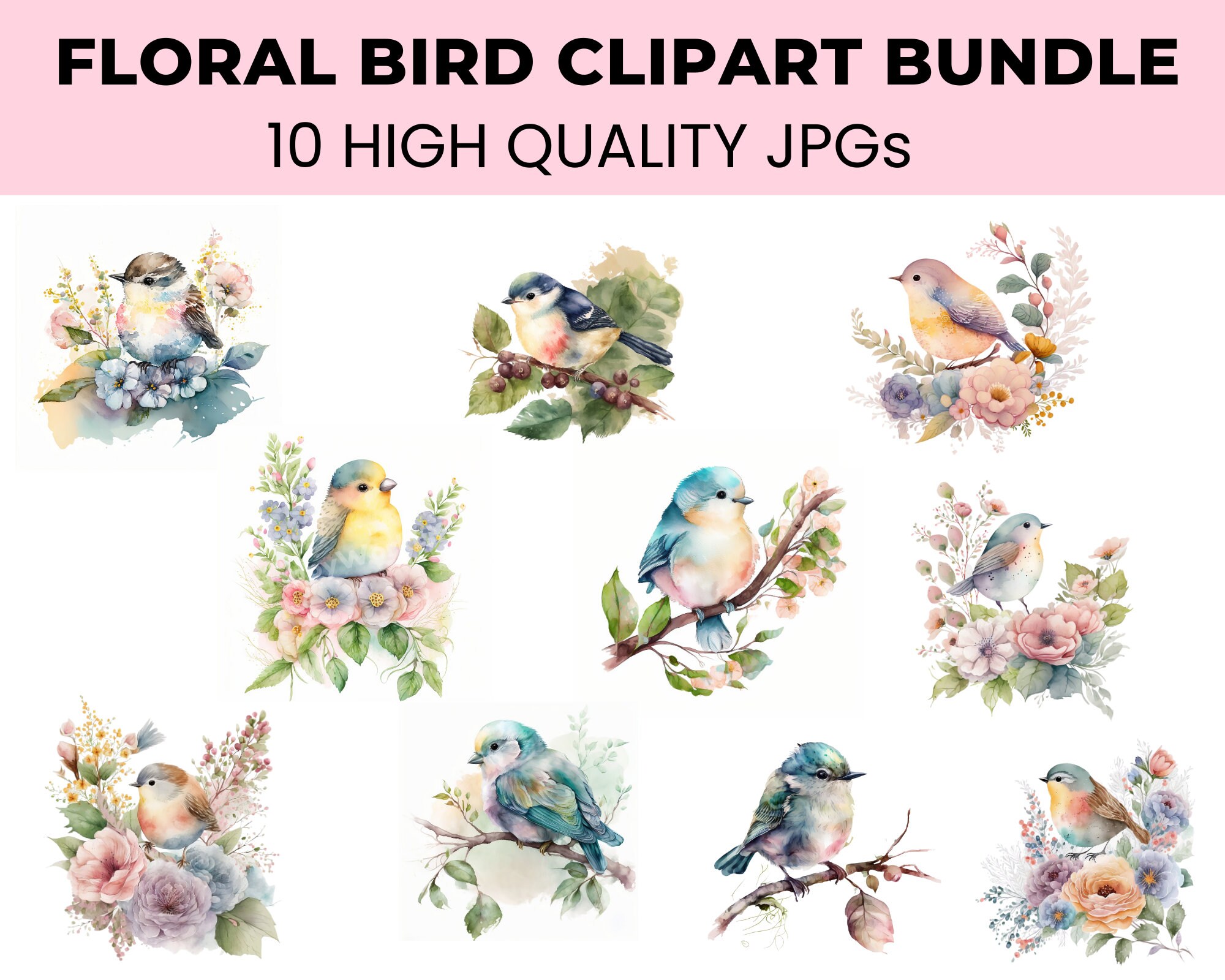 Floral Bird Clip Art Bundle - Set of 10 High-quality Jpgs - Instant ...