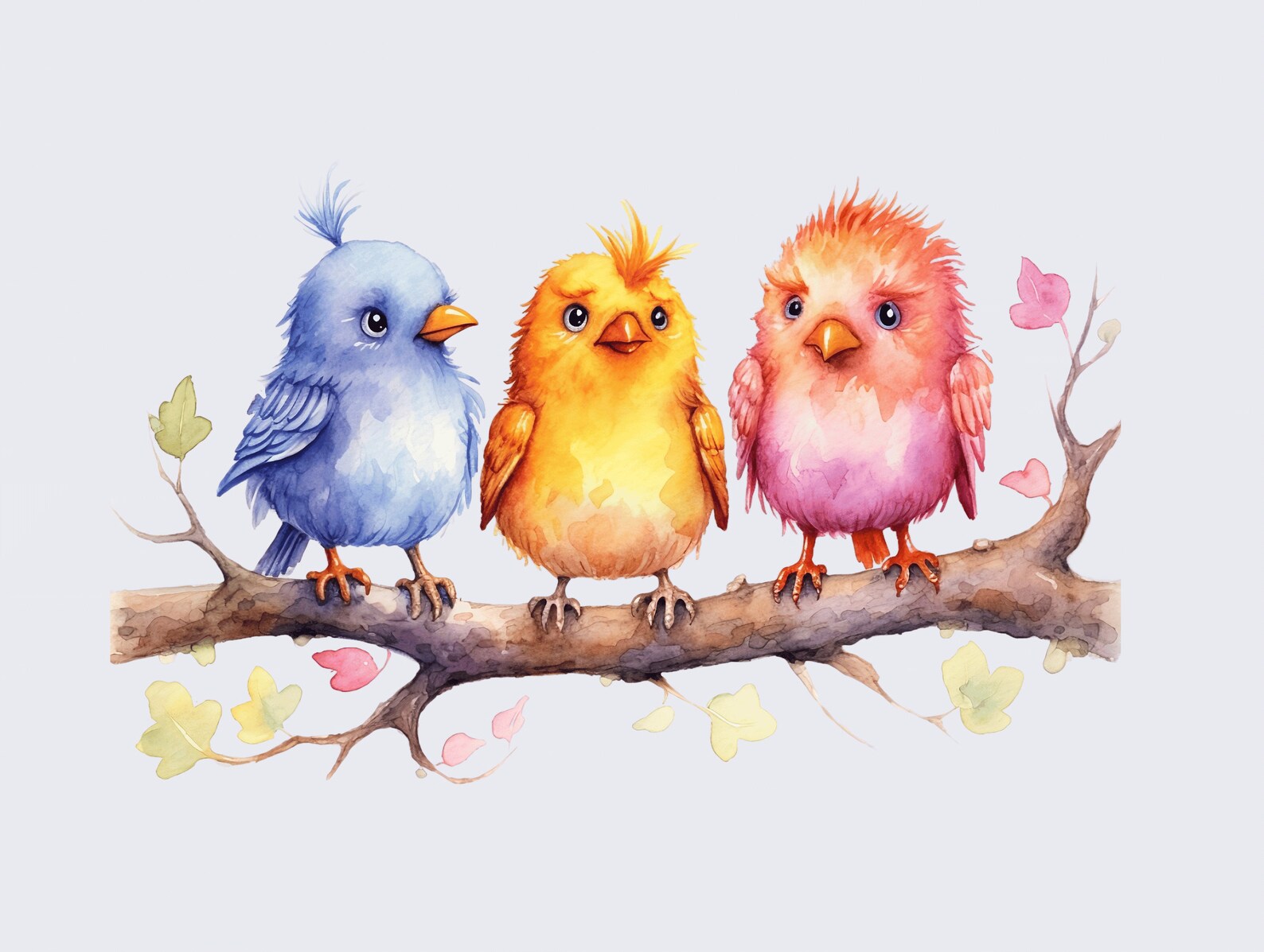 Cute Watercolor Bird Clipart, 3 Birds on a Branch, Funny Birds PNG ...