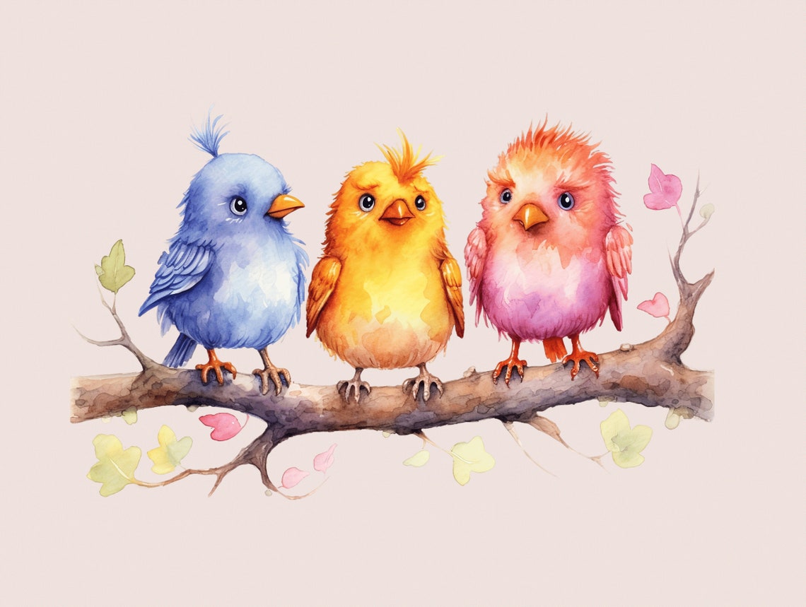 Cute Watercolor Bird Clipart, 3 Birds on a Branch, Funny Birds PNG ...