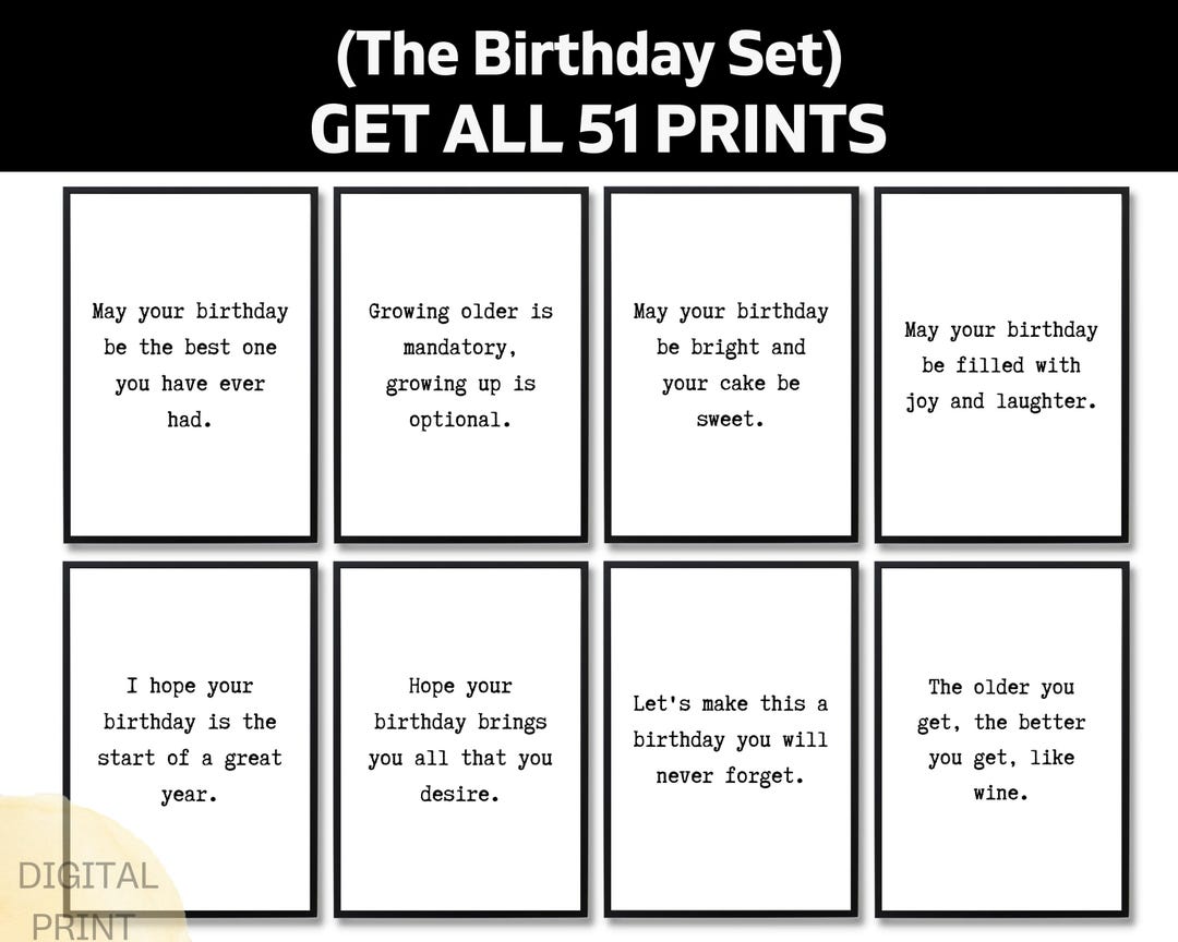 51 Birthday Quotes Wall Art, Printable Party Decor Sign, Happy Birthday ...