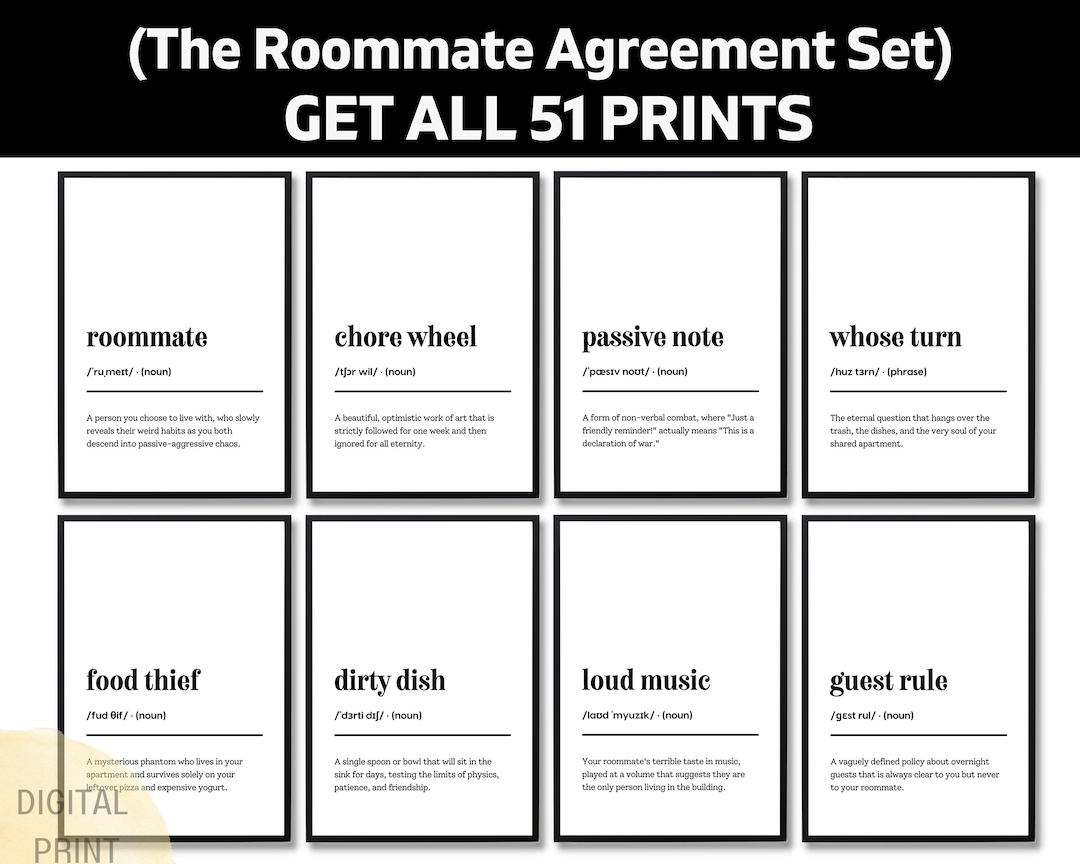 Roommate Agreement Definition Print, Funny Roomie Gift Idea, Apartment ...