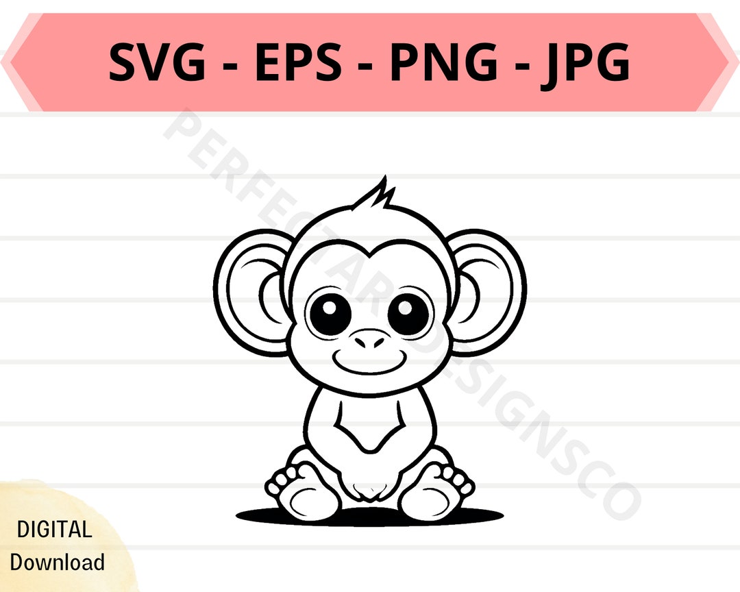Cute Monkey Svg File, Baby Monkey Outline Svg, Monkey Clipart Svg ...