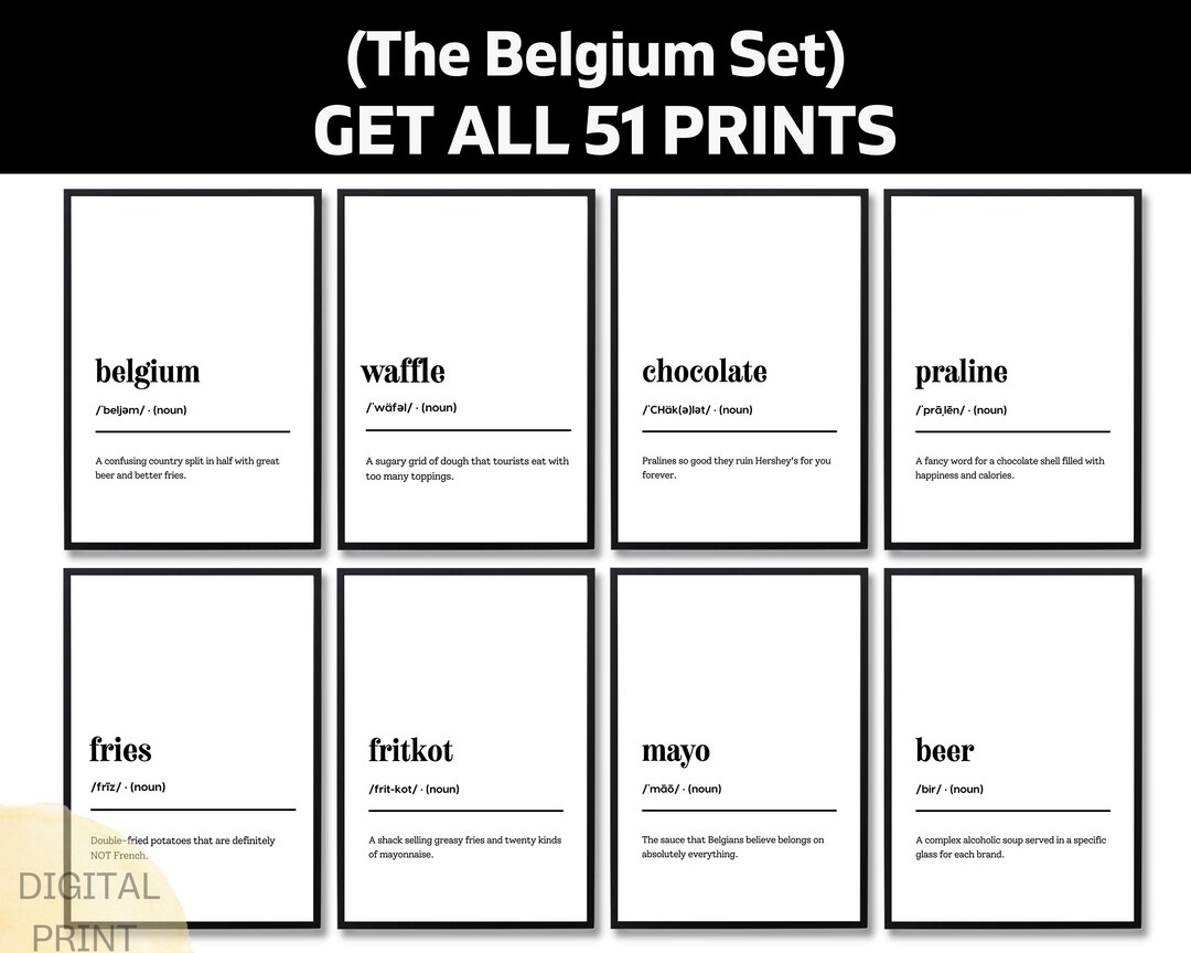 Funny Belgian Definition Print Set, Belgium Humor Wall Art, Brussels ...