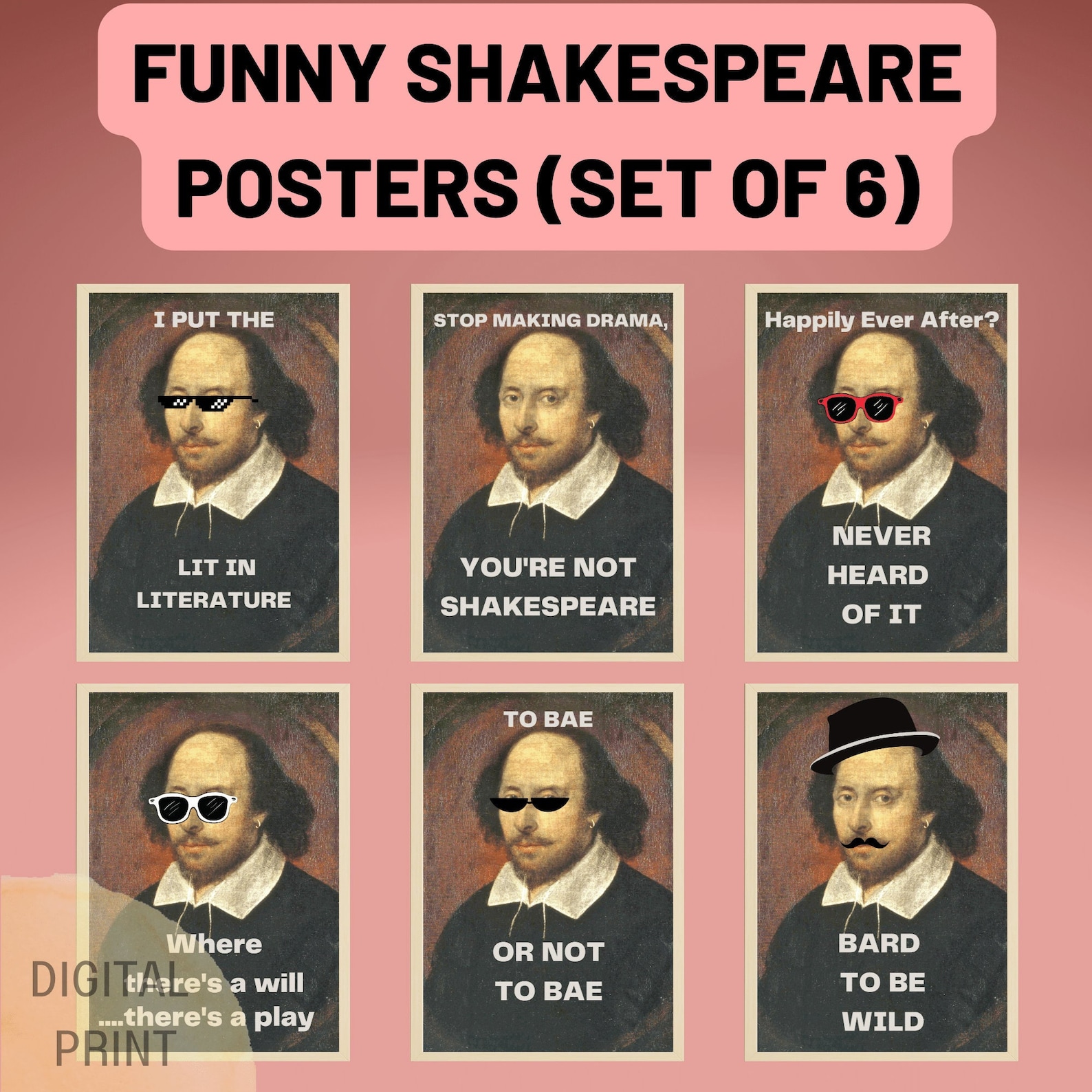 Funny Shakespeare English Poster Set Bundle of 6, Funny English ...