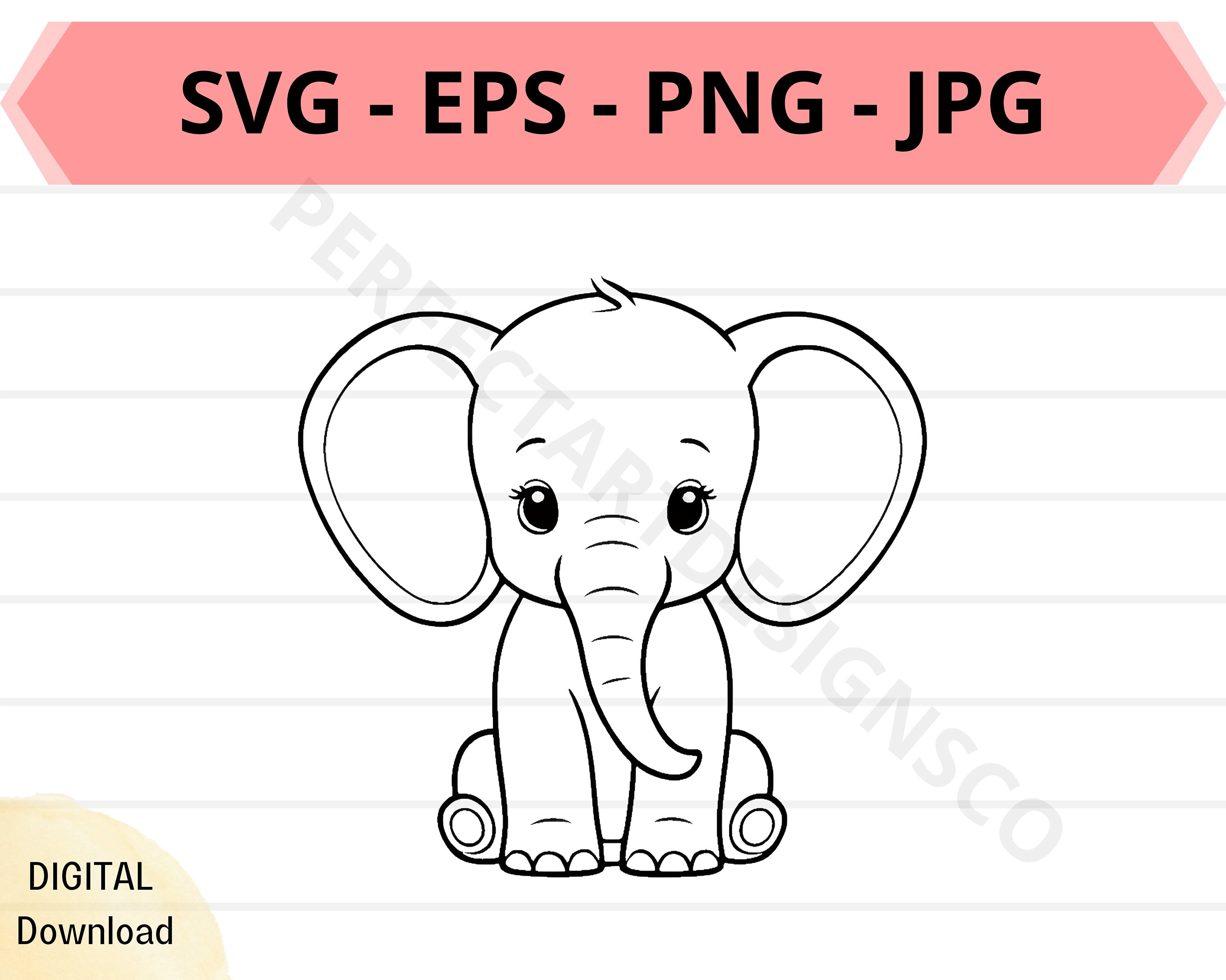 Cute Elephant Svg File, Baby Elephant Outline Svg, Elephant Clipart Svg ...