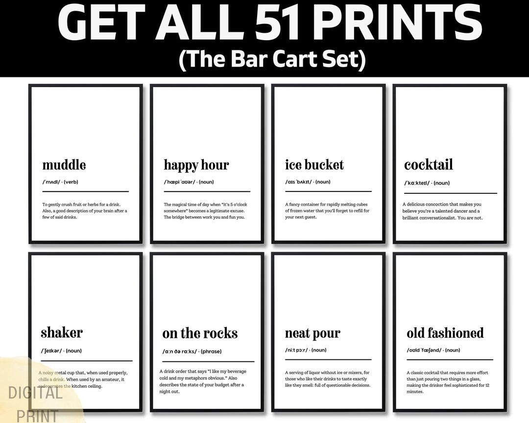 Bar Cart Definition Prints, Funny Cocktail Quote Wall Art, Humorous ...