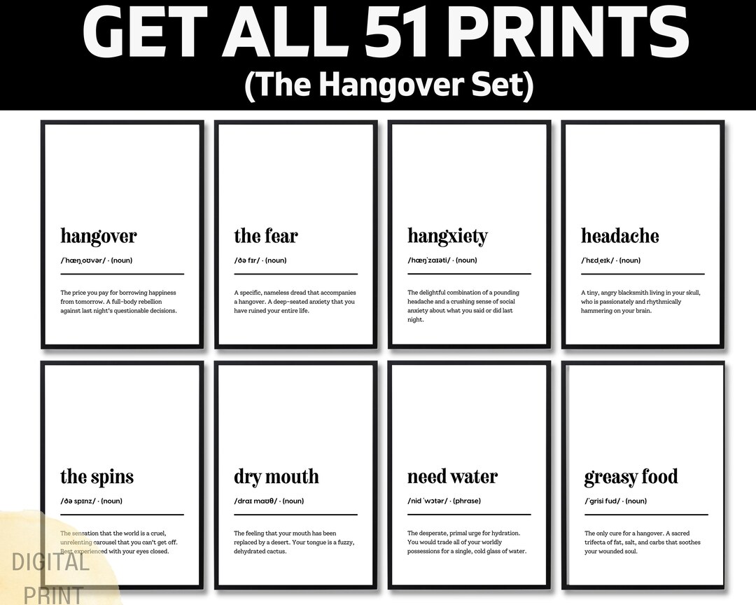 Funny Hangover Definition, the Morning After Wall Art, Humorous Bar ...