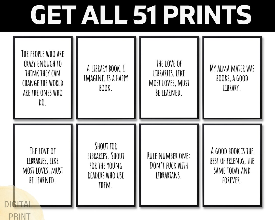 Library Quotes Posters, Set of 51 Prints, Library Decoration Posters ...