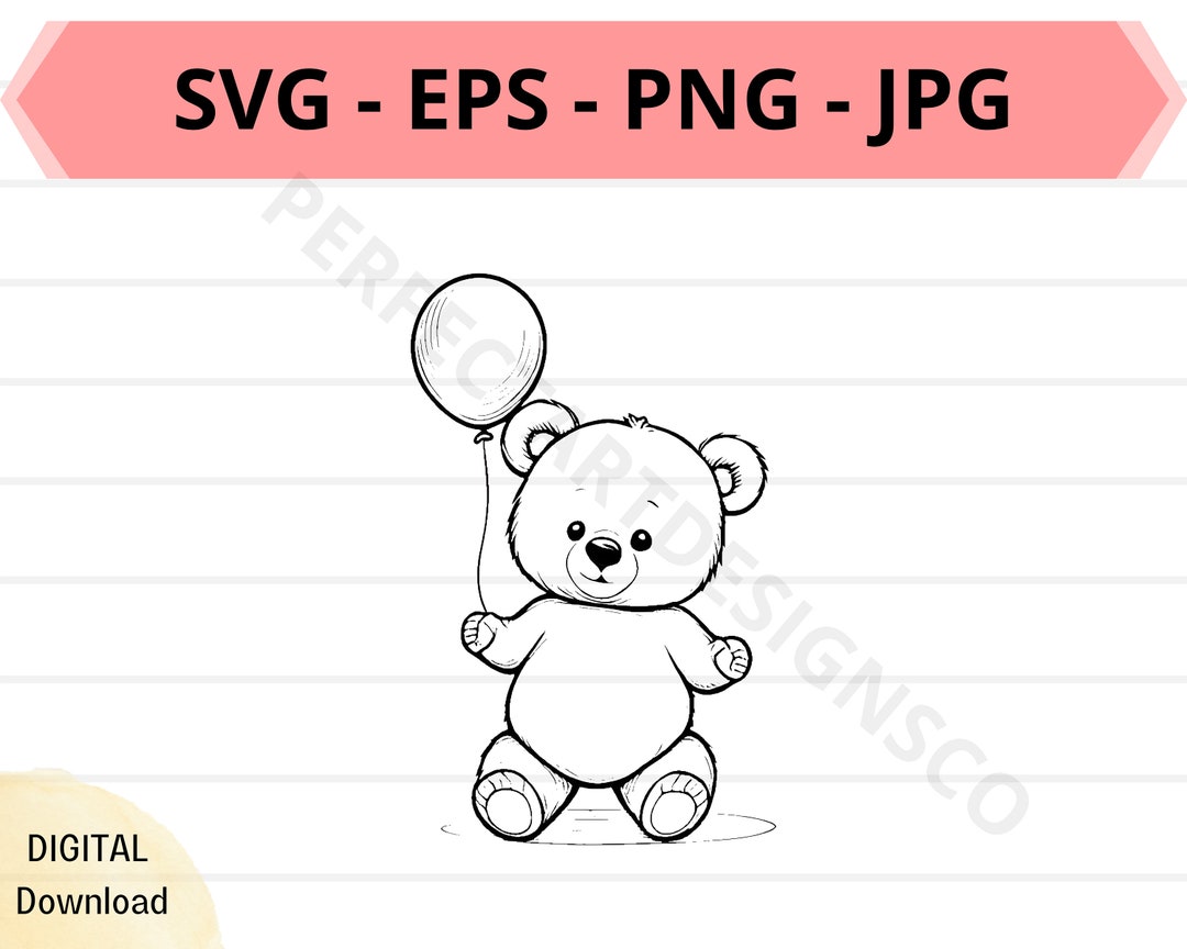 Bear Outline Svg, Cute Bear Holding a Balloon Svg, Kawaii Bear Clipart ...