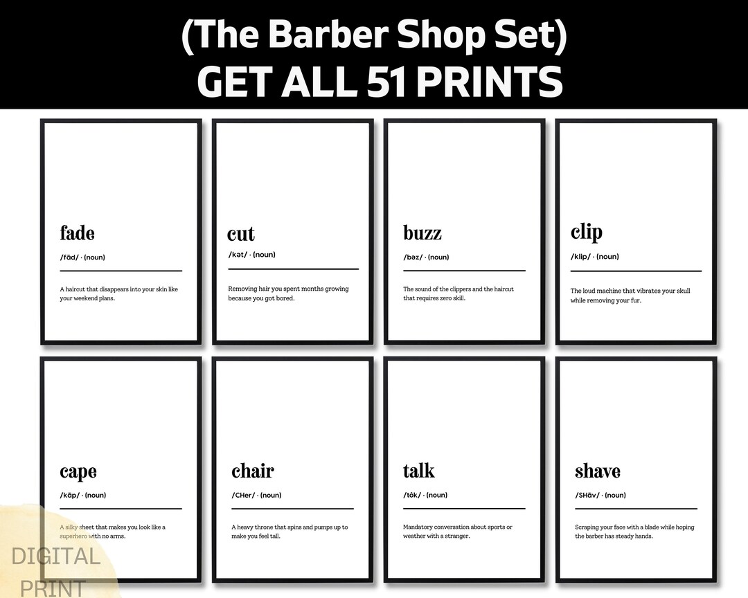 Funny Barber Shop Definition Print Set, Barber Gift, Hairdresser Wall ...