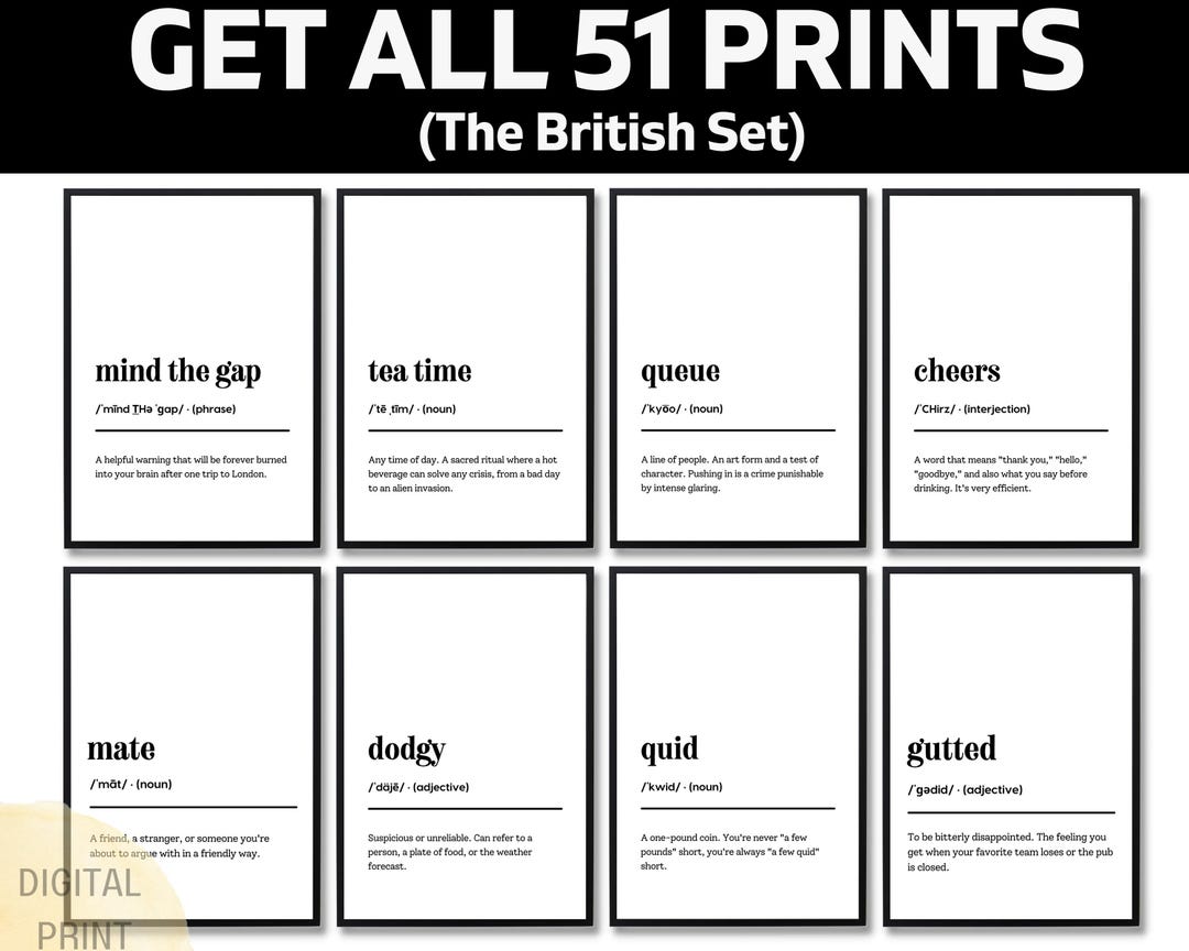Funny British Definition Print Set, UK Humour Wall Art, Gift for ...