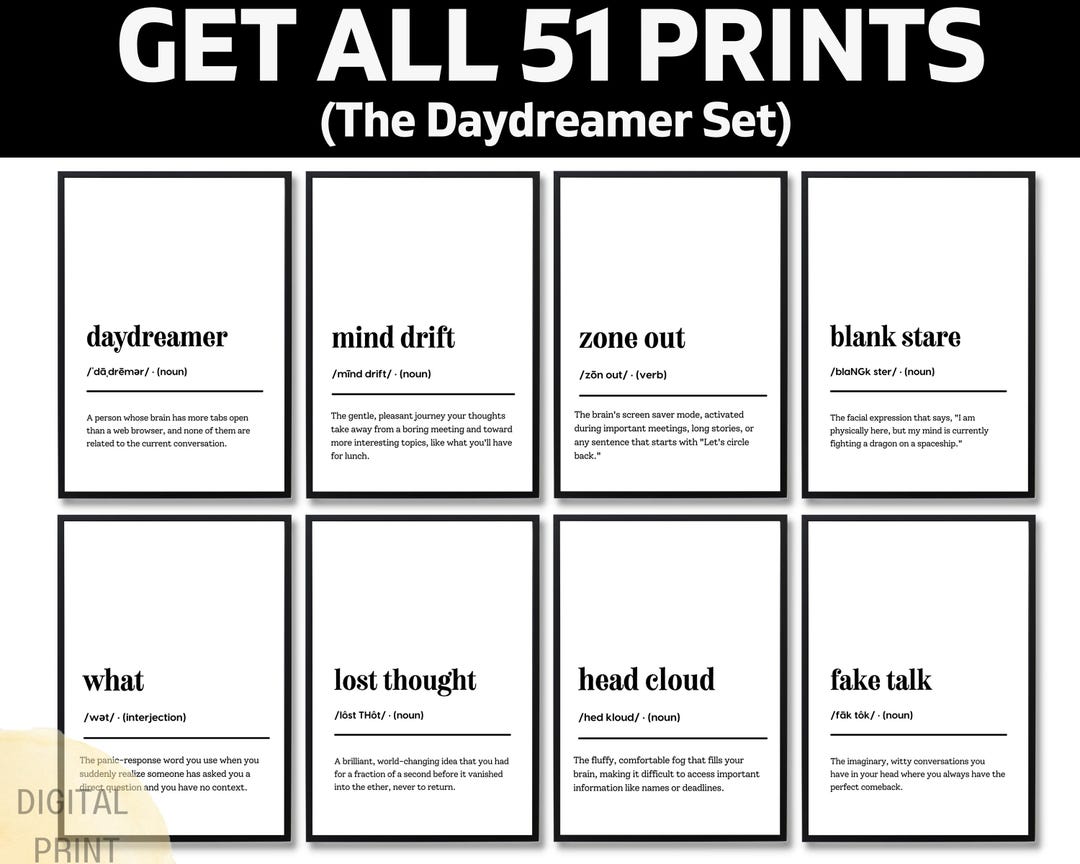 Daydreamer Definition Prints, Funny Overthinker Wall Art, Maladaptive ...