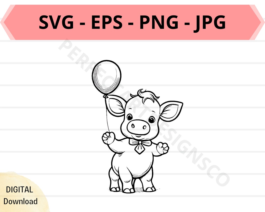 Baby Cow Cutting Svg for Cricut and Silhouette, Cow Holding a Balloon ...