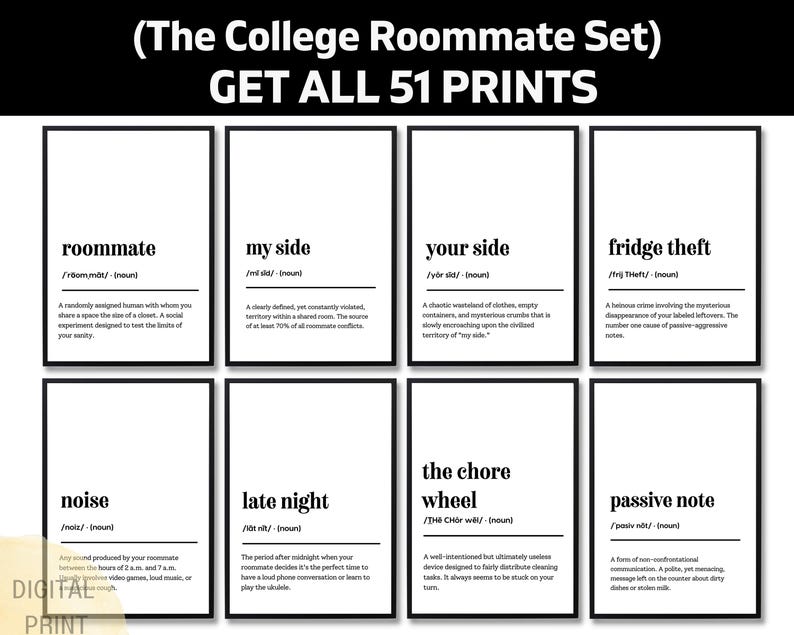 College Roommate Funny Definition Print, Dorm Room Decor for Girls and ...