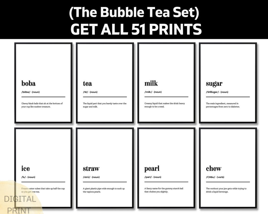 Funny Bubble Tea Definition Print Set, Boba Lover Gift, Tea Shop Wall ...