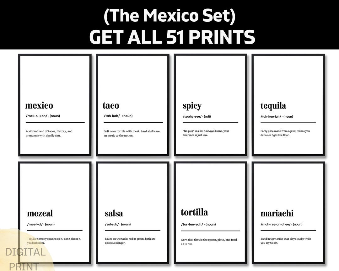 Funny Mexican Definition Print Set, Mexico Humor Wall Art, Mexico City ...
