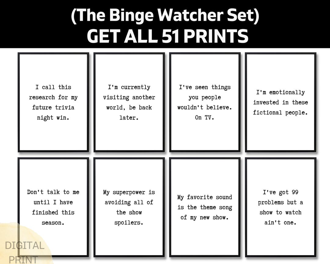 51 TV Binge Watcher Quotes, Funny Printable Wall Art, Home Theater ...