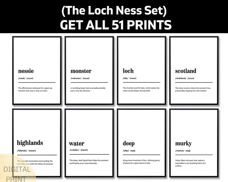 Funny Loch Ness Monster Definition Print Set, Nessie Lover Gift ...