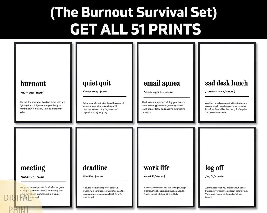 Burnout Survival Funny Definition Print, Corporate Life Humor Wall Art ...