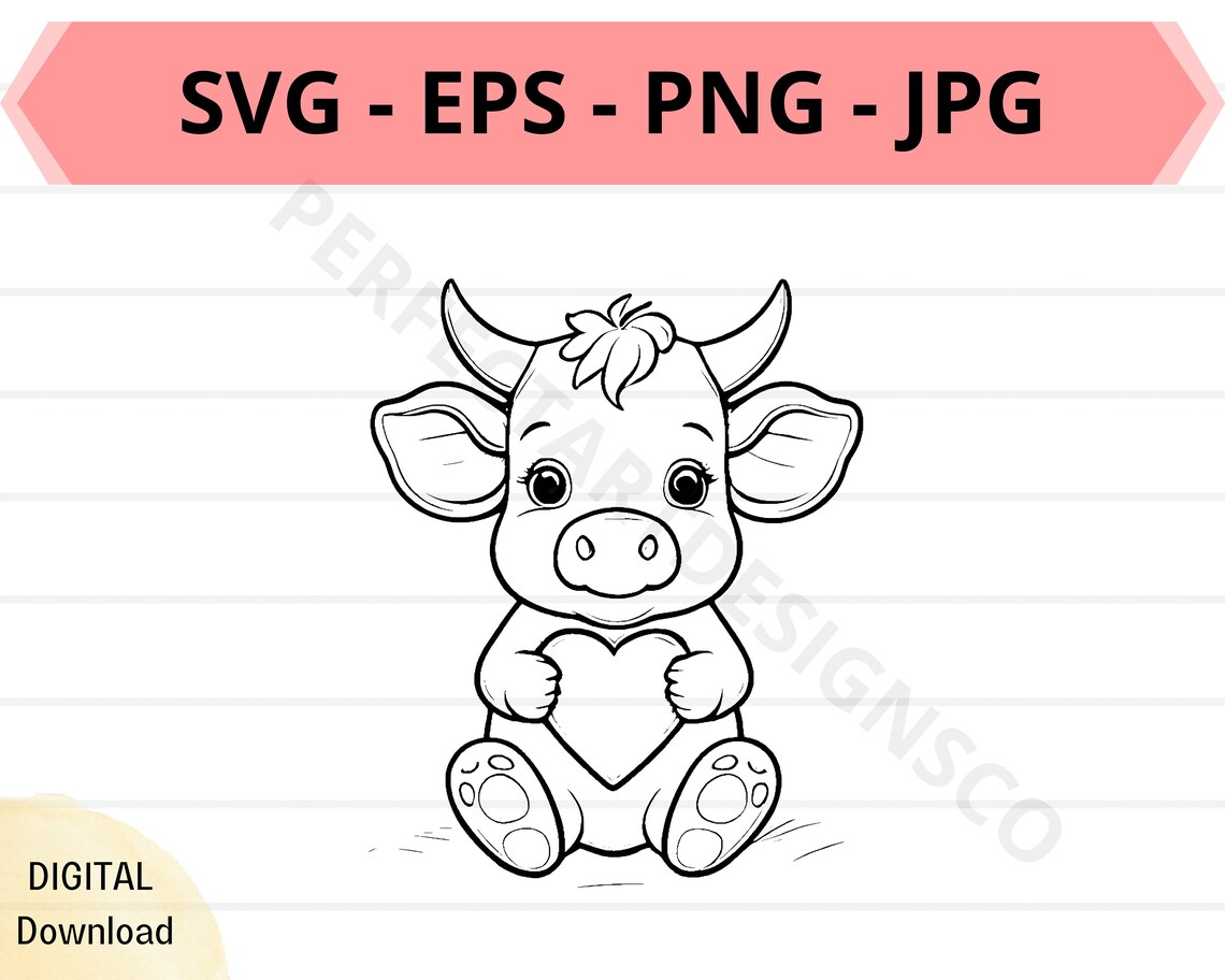 Cow Outline Svg, Cute Cow Holding a Heart Svg, Kawaii Cow Clipart, Cow ...