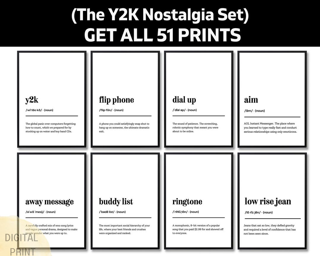 Y2K Nostalgia Funny Definition Print Set, 2000s Humor Poster ...