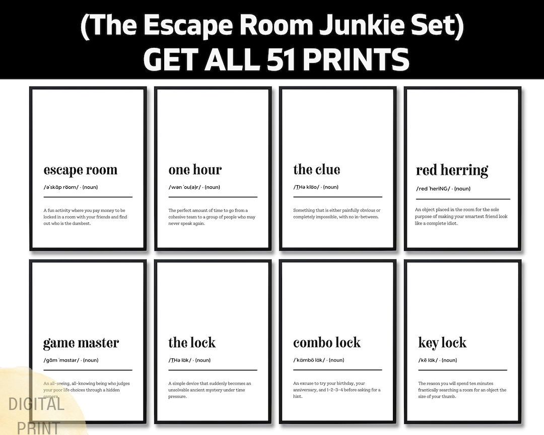 Funny Escape Room Definition Print Set, Gift for Gamer, Puzzle Master ...