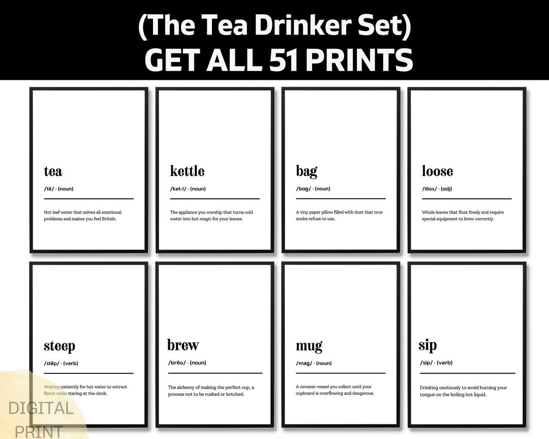 Funny Tea Drinker Definition Print Set, Tea Lover Gift, Teacup Wall Art ...