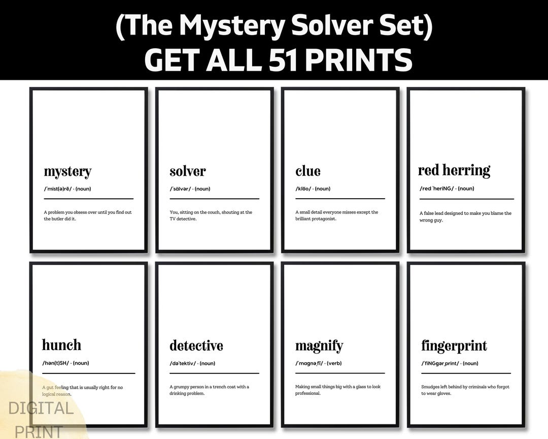 Funny Mystery Solver Definition Print Set, Detective Lover Gift, Crime ...