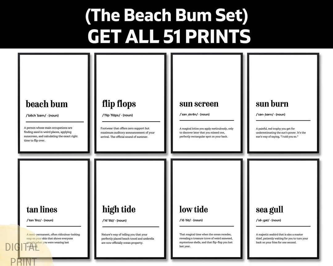 Funny Beach Bum Definition Print Set, Coastal Summer Vibes Wall Art ...