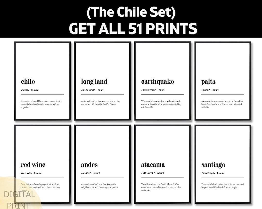 Funny Chilean Definition Print Set, Chile Humor Wall Art, Santiago ...