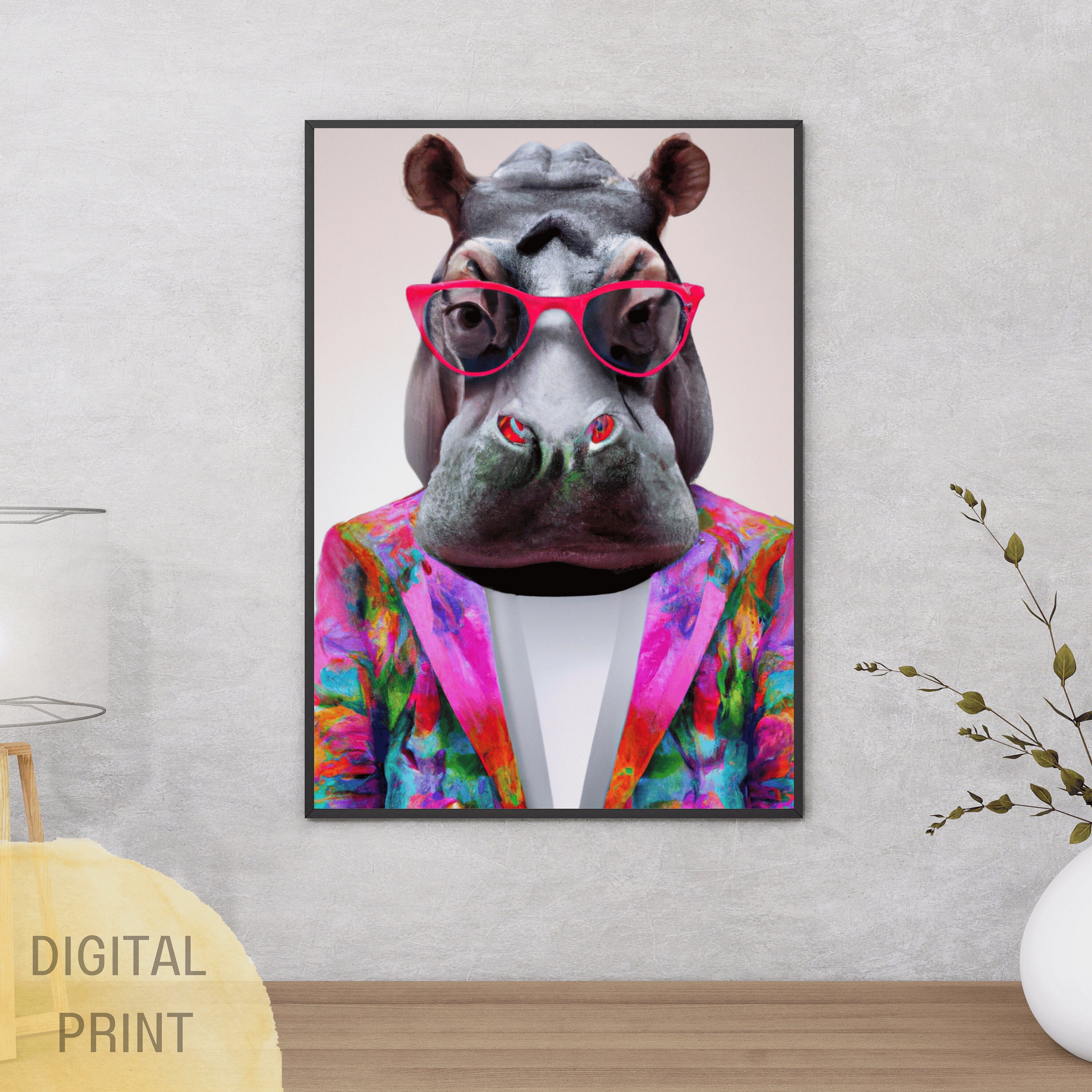 Hippo Printable Wall Art, Hippo Fashion Portrait, Best Gift for Hippo ...